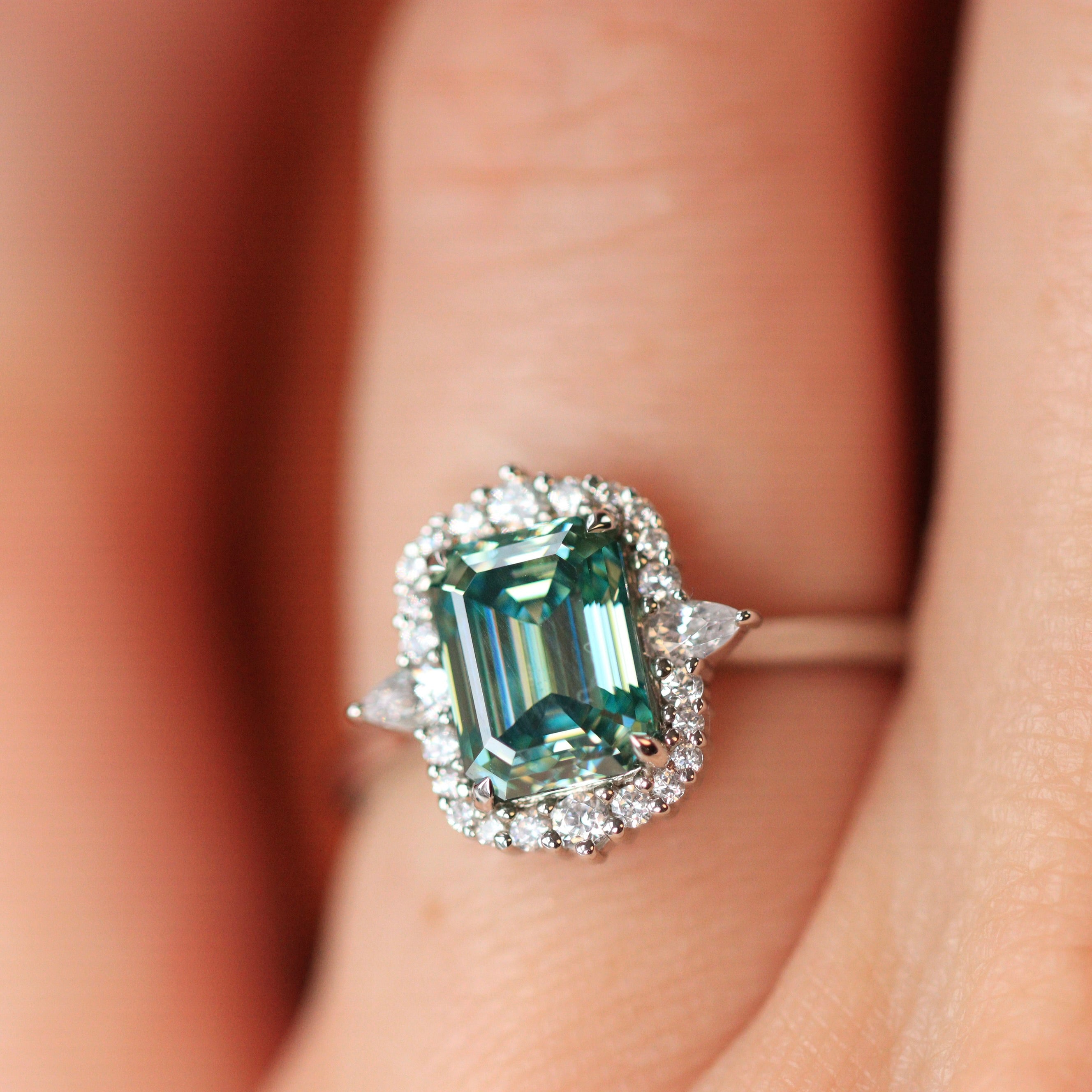 Cordelia - Emerald Cut Teal Moissanite Halo Engagement Ring - Made-to-Order – Jessica Flinn Fine ...