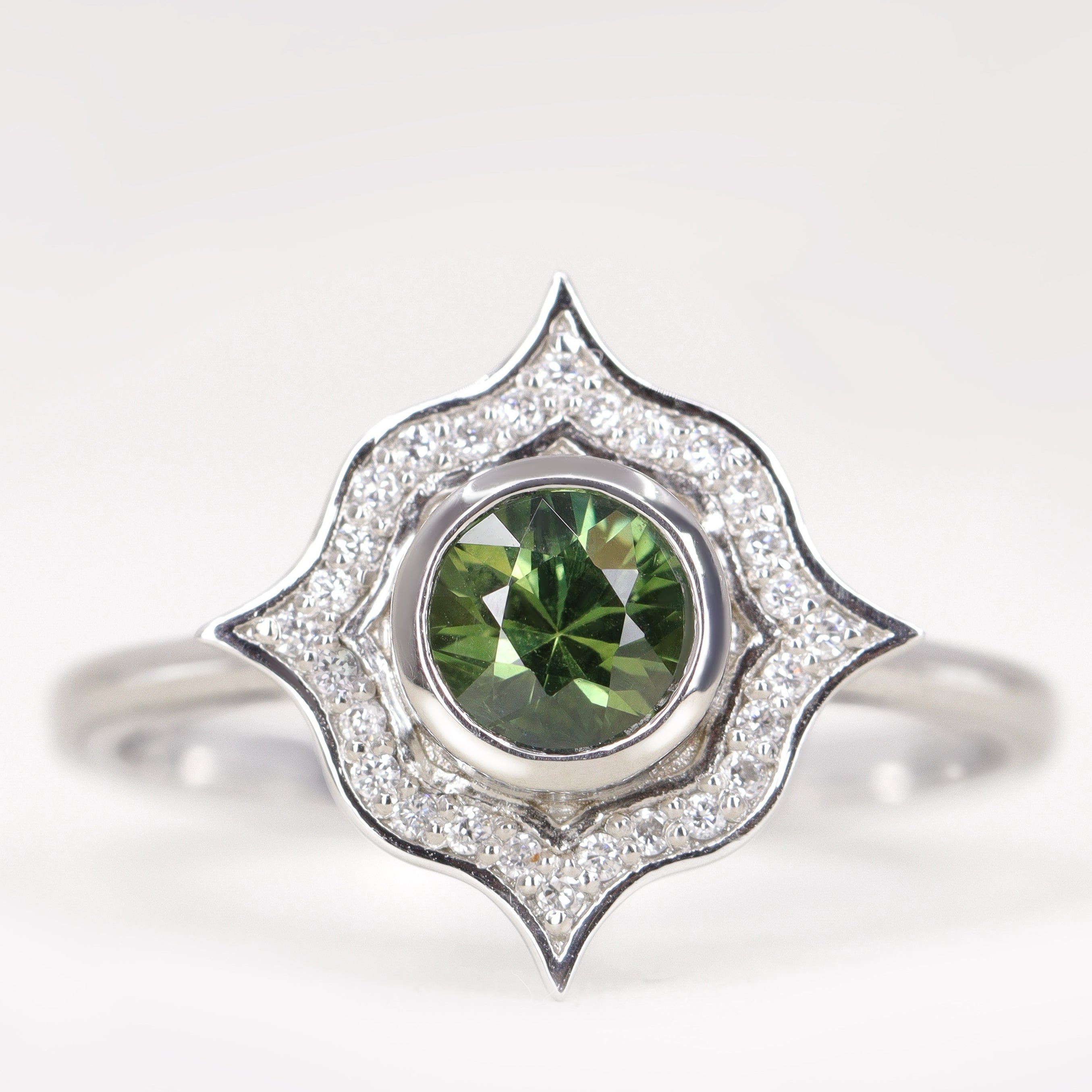 Antonia - Round Green Teal Sapphire Bezel Set Art Nouveau Halo Engagement Ring - Ready to Wear ...