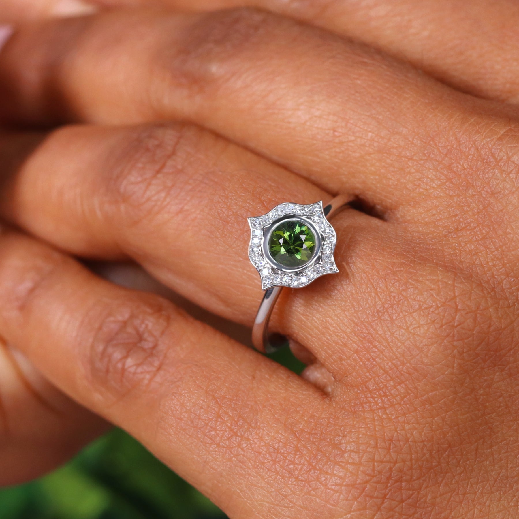 Antonia - Round Green Teal Sapphire Bezel Set Art Nouveau Halo Engagement Ring - Ready to Wear ...