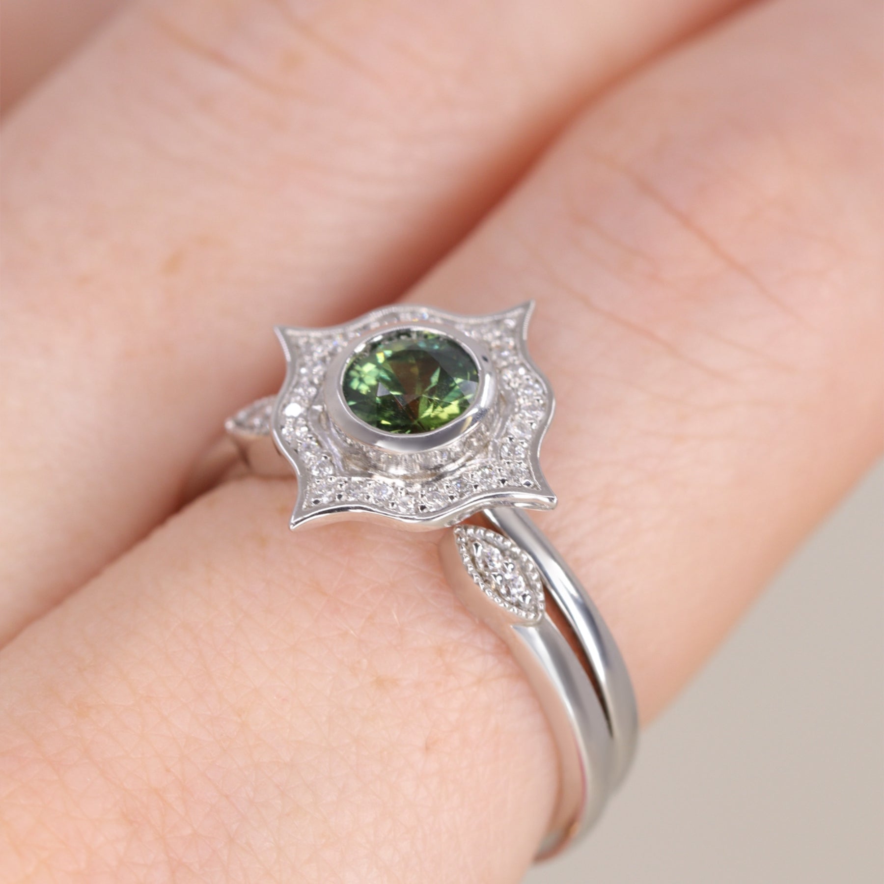 Antonia - Round Green Teal Sapphire Bezel Set Art Nouveau Halo Engagement Ring - Ready to Wear ...