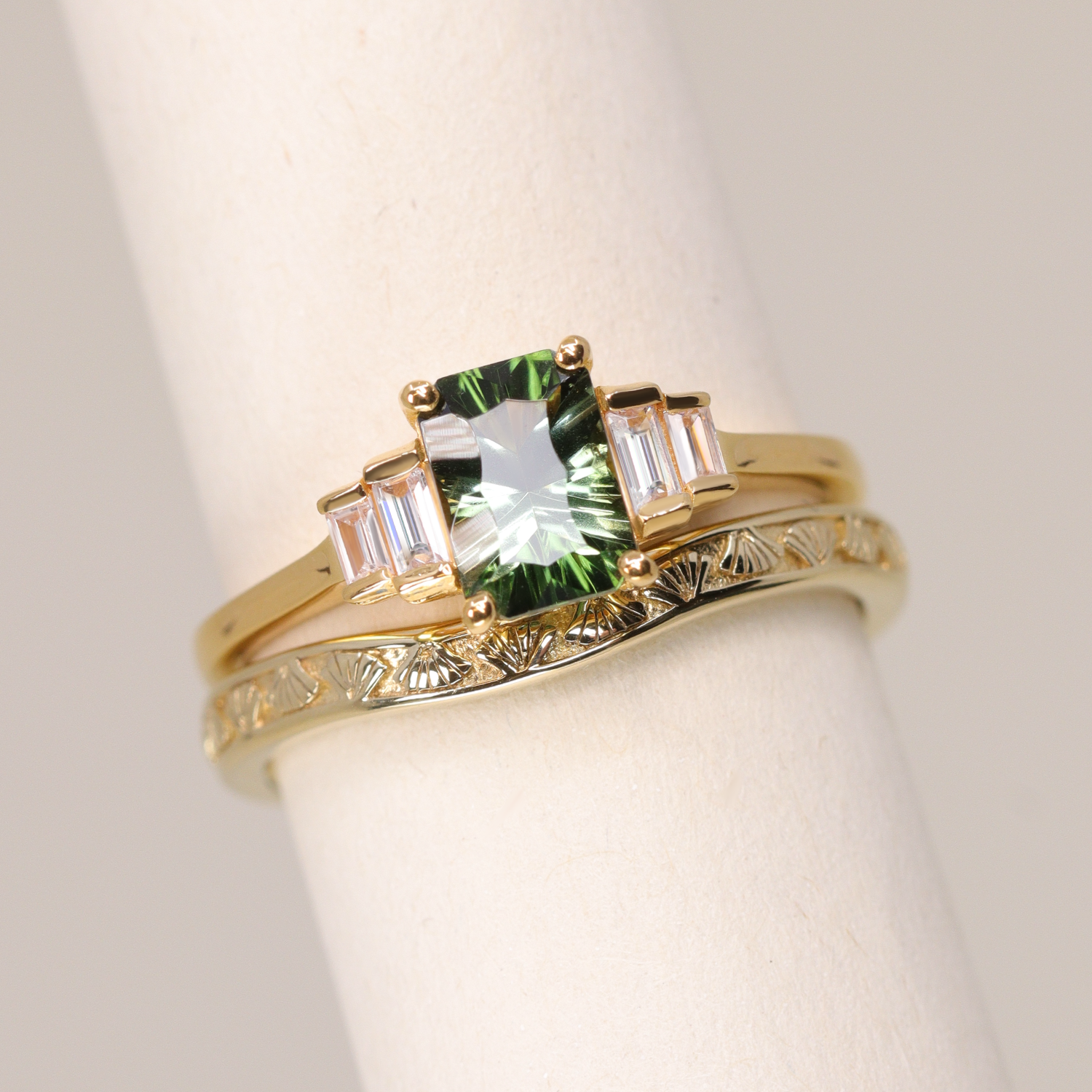 Bridal Set - Erin & Goldie - Optix Cut Green Tourmaline Art Deco Engag ...